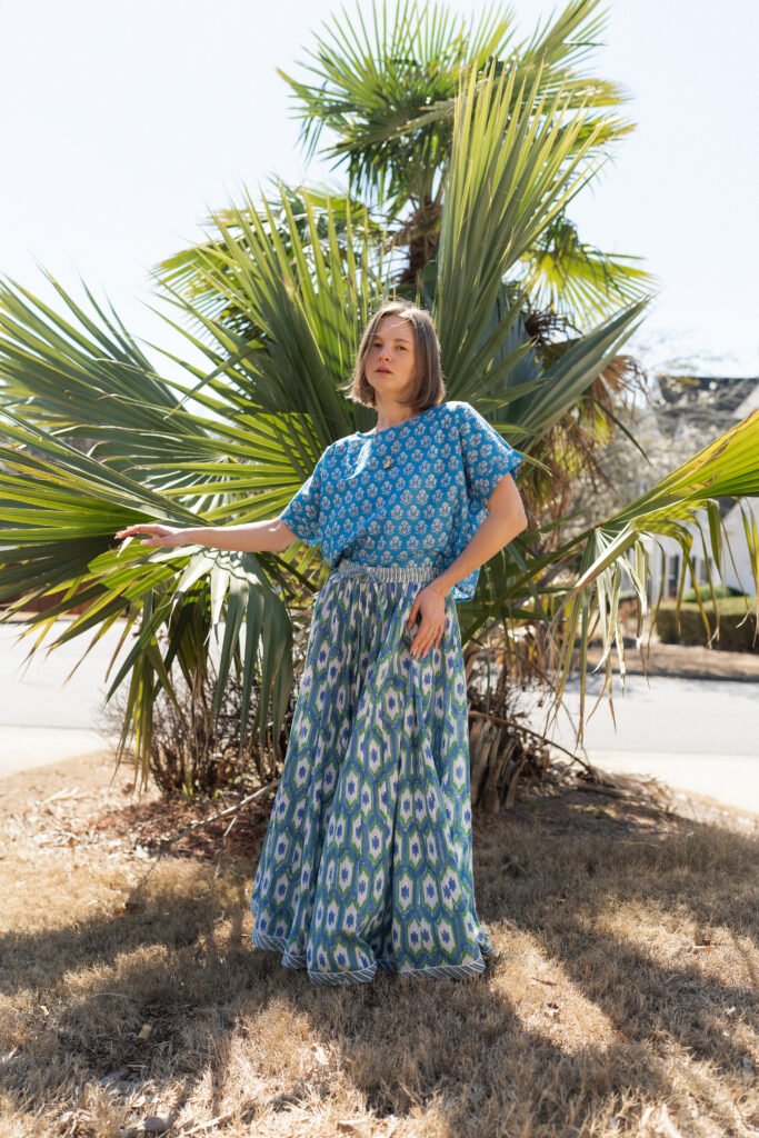 Meadow Mirage Hand Block Printed Paneled Skirt~ Emerald - Indian Roots